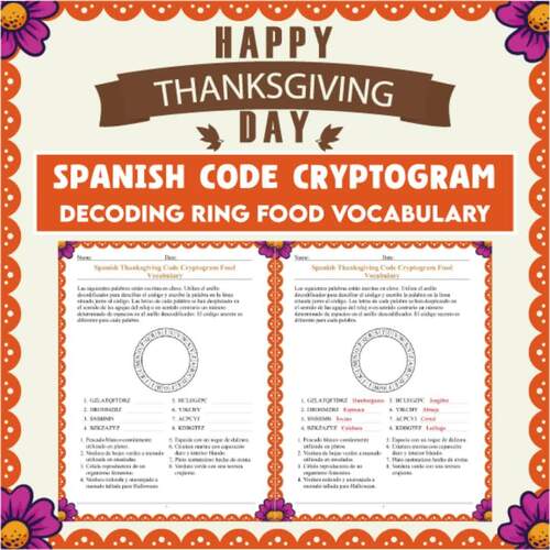 No Prep Thanksgiving Spansih Code Cryptogram Puzzle Decoder Ring Food ...