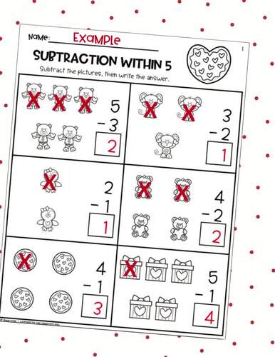 Valentine Picture Subtraction Within 5 Worksheets No-Prep Subtract with ...