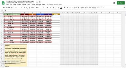 Debbie's Math Designs - Factoring Polynomials Surprise Pixel Art (Tik Tok)