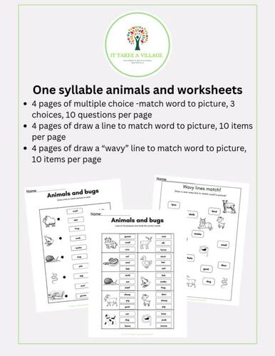 Speech-One Syllable Animals and Bugs WORKSHEET set 3-black and white ...