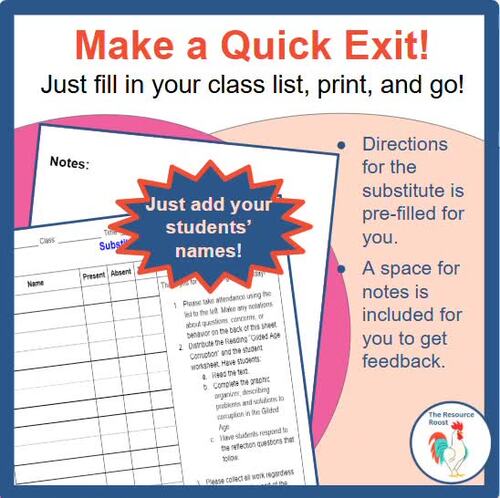 US History Emergency Sub Plan- Gilded Age Corruption Reading & Activities