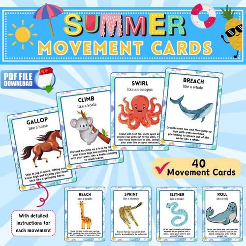 Summer Movement Cards Summer Learning Activities Kid Flashcards | TPT