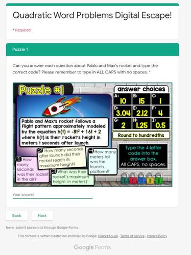 Quadratic Word Problems Digital Math Escape Room Activity | TPT