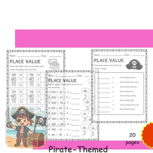 Place Value Worksheets | 3-Digit Numbers | Pirate-Themed for Grade 2–3