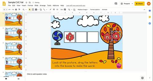 Fall Theme Digital CVC Words Google Slides Kindergarten Distance Learning