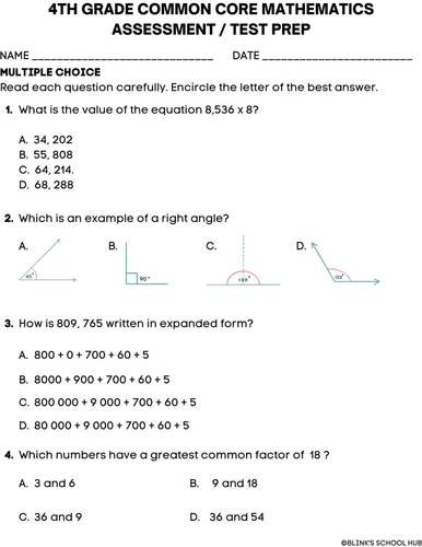 4TH GR. MATH DIAGNOSTIC|BENCHMARK|BEGINNING|END-OF-YEAR|ASSESSMENT|ALL ...