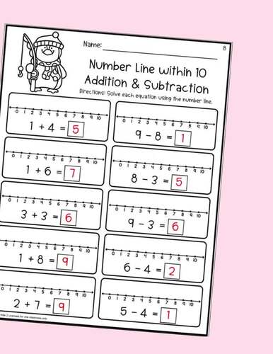 Penguin Number Line Mixed Add & Subtract Within 10 Worksheets No-Prep ...