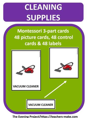 Cleaning supplies-Montessori 3-part cards 48 picture & 48 control cards ...