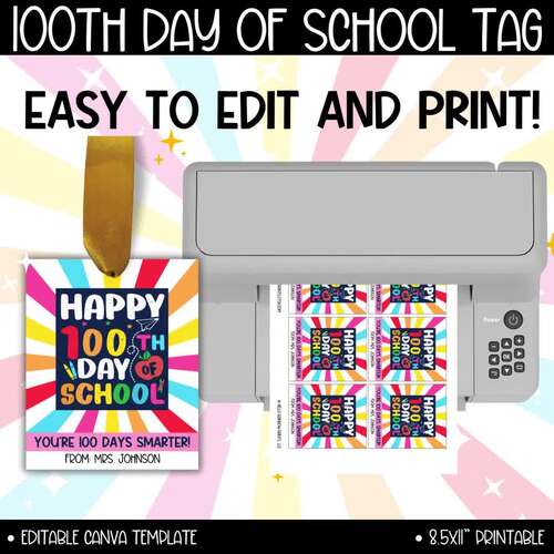 100th Day of School Treat Class Gift Tags, One Hundred Days, 100 Days ...