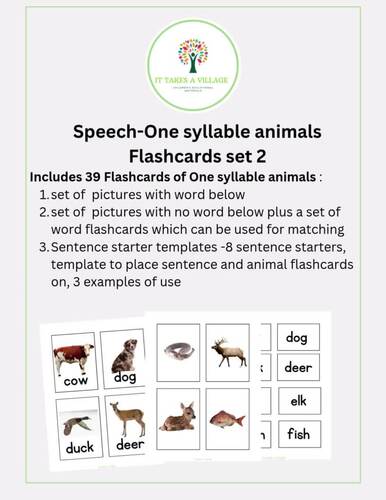 Speech-One Syllable Animals and Bugs Flashcard set 2 with photographs
