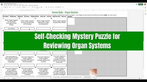 Human Body: Organ Systems Mystery Picture Puzzle using Google Sheets