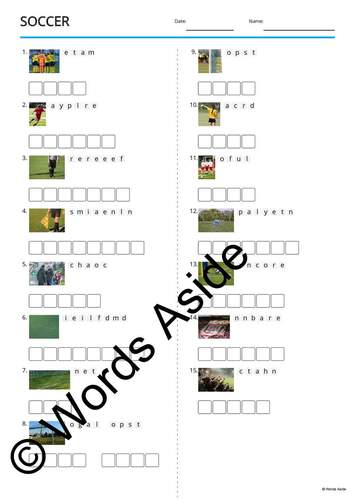 Vocabulary Puzzle Writing Worksheets Crossword Word Search Anagram SOCCER