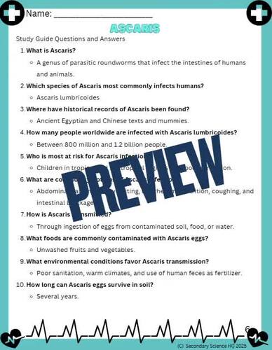 Ascaris Roundworm Review, PDF Study Guide | Health | FACS | TPT