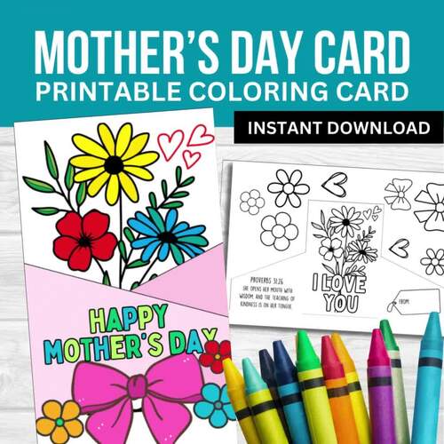 Mothers Day Coloring Bouquet Card, Mothers Day Craft Gift Printable PDF