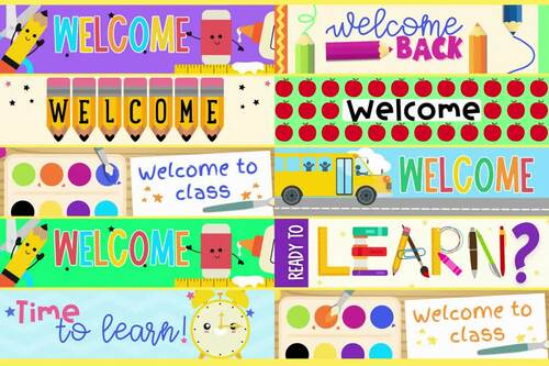 Back to school supplies themed animated Google Classroom headers banners