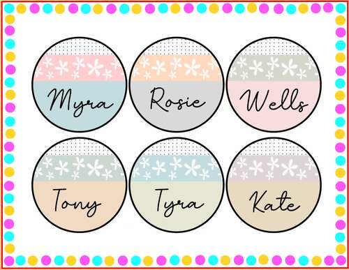 Printable Boho Dotty Floral Student Name Labels, Calm Colors Classroom ...