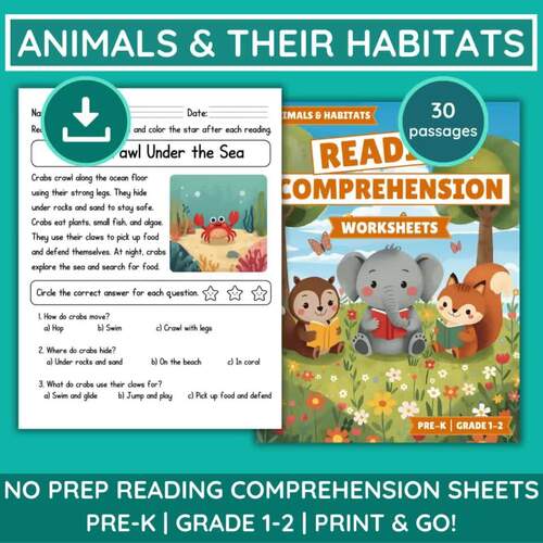 Animals & Habitats Reading Comprehension Worksheet Short Passages PreK ...