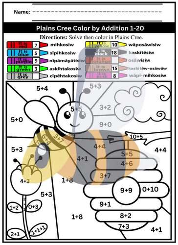 Plains Cree Animals Color by Addition 1-20 No Prep | TPT