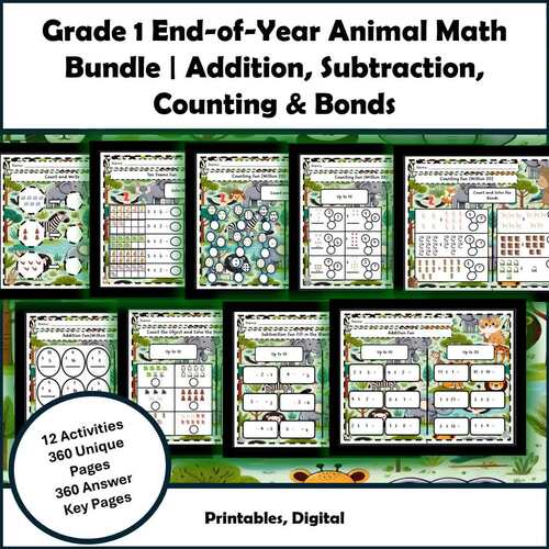 Grade 1 End of Year Animal Math Bundle Addition Subtraction Count Frame ...