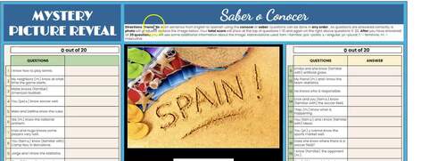 Spanish Saber or Conocer Digital Mystery Picture for Google Sheets