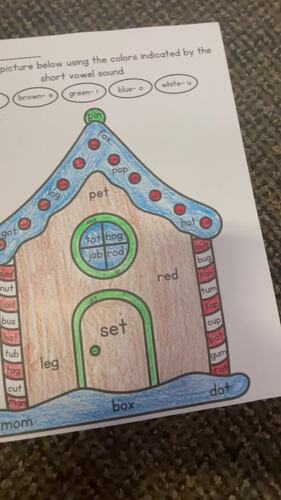 Holiday Gingerbread House Color By Short Vowel Sound, CVC Words, Christmas