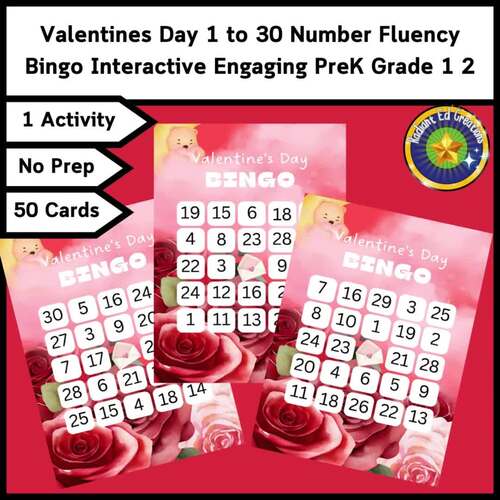 Valentines Day 1 to 30 Number Fluency Bingo Interactive Engaging PreK ...