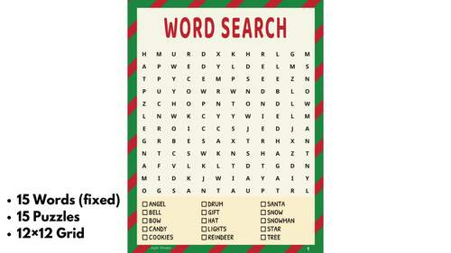 Christmas Word Search | Medium Classroom | 15 Puzzles | Grades 3–4