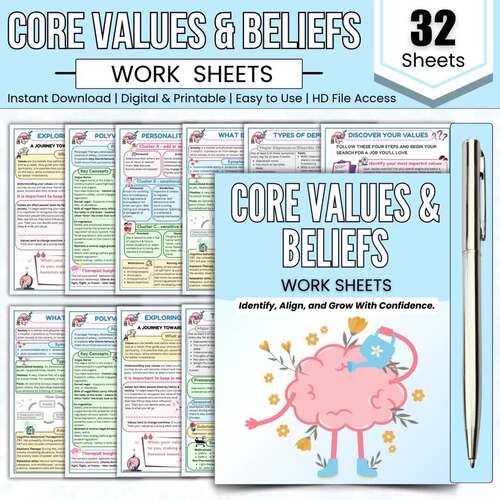 Core Beliefs & Values Workbook | CBT Worksheets for Anxiety & Depression
