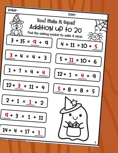 Halloween Addition Worksheets | Balancing Equations Within 20 Missing ...