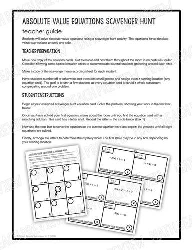 Solving Absolute Value Equations Scavenger Hunt Activity | TpT