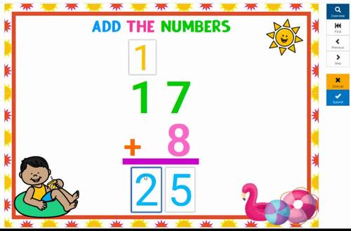 Summer Math 2 Digit Plus 1 Digit Addition to 100 With Regrouping Boom Cards