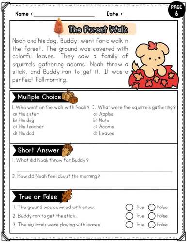 Autumn Fall 20 Reading Comprehension Short Stories with Questions Grade ...