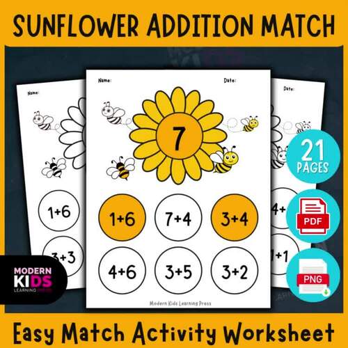Sunflower Addition Match Worksheet by ModernKids LearningPress | TPT