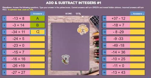 Adding and Subtracting Integers Sticker Reveal Digital and Print Activity
