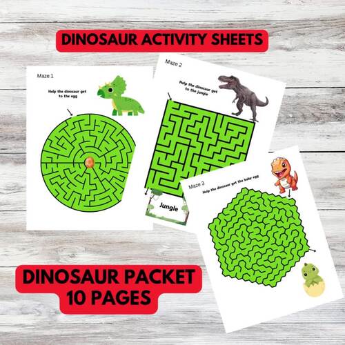 Dinosaur Activity Packet with Mazes and Word Search for Early Learners