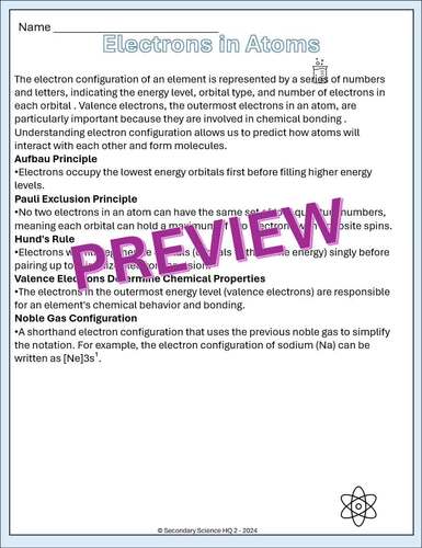Electrons in Atoms Chemistry Printable Study Guide and Review | TPT