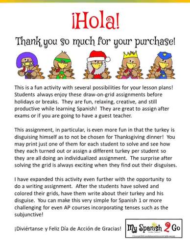 THANKSGIVING- Spanish Present Tense -ar Verbs--Draw-On-Grid by My ...
