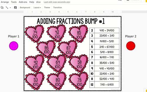 Valentine's Day Math Game - Add Fractional Parts of 10 and 100 Bump