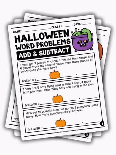 HALLOWEEN MATH WORD PROBLEMS | ADDITION AND SUBTRACTION WORKSHEETS