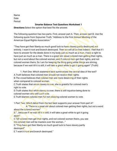 Smarter Balance Test Questions Worksheet 1: Critical Reading and Arguments