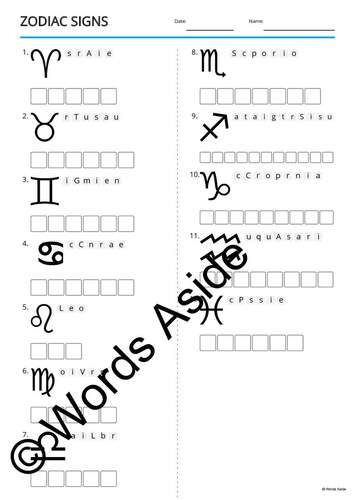 Vocabulary Worksheets Cards Word Search Anagram ZODIAC SIGNS by Words Aside