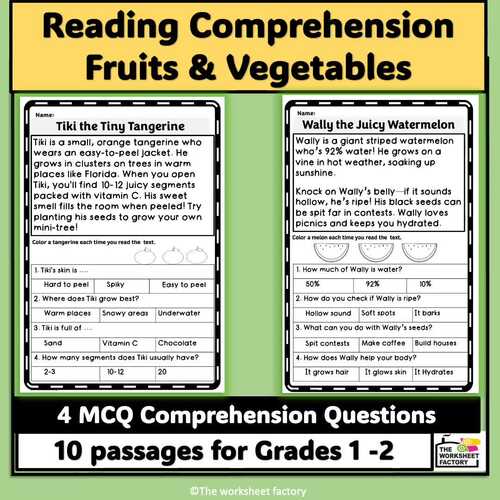 Fruits & Veggies Reading Comprehension Grades 1-2 by The worksheet factory