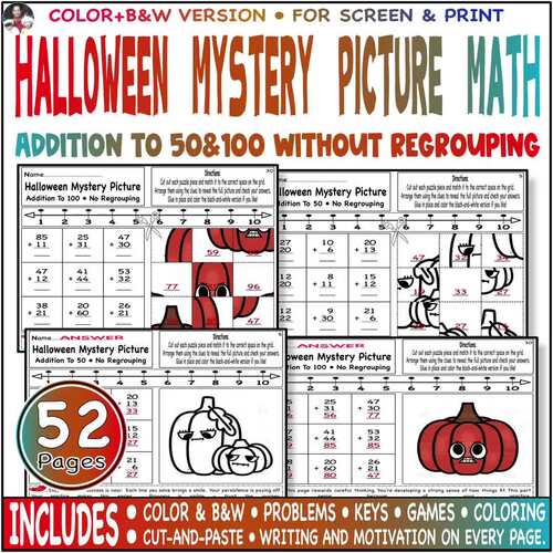 Addition 50 & 100 Without Regrouping, Number line | Halloween Mystery ...