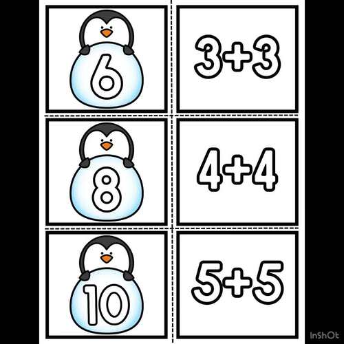 Winter Penguins Doubles Facts Matching Cards – January Mental Math