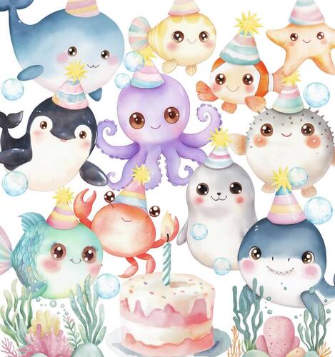 Ocean Birthday Party Clipart | Cute Under the Sea Theme | PNGs by ...