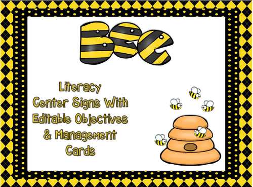 Bee Themed Literacy Center Signs With Editable Objectives | Center Posters
