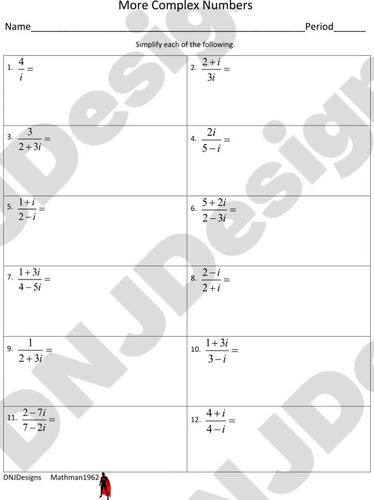 More Complex Numbers Printable/Handout/Homework by DNJDesigns and ...