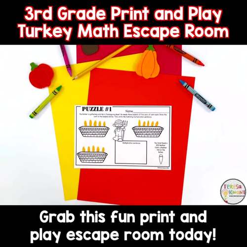 3rd Grade November Turkey Thanksgiving Math Escape Room Breakout Activity