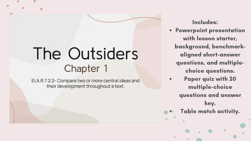 Chapter 1 of the Outsiders - Central Idea by Elevated Literacy | TPT