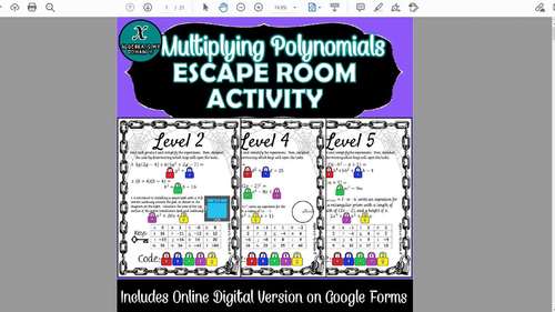 ESCAPE ROOM ACTIVITY - Multiplying Polynomials - DISTANCE LEARNING